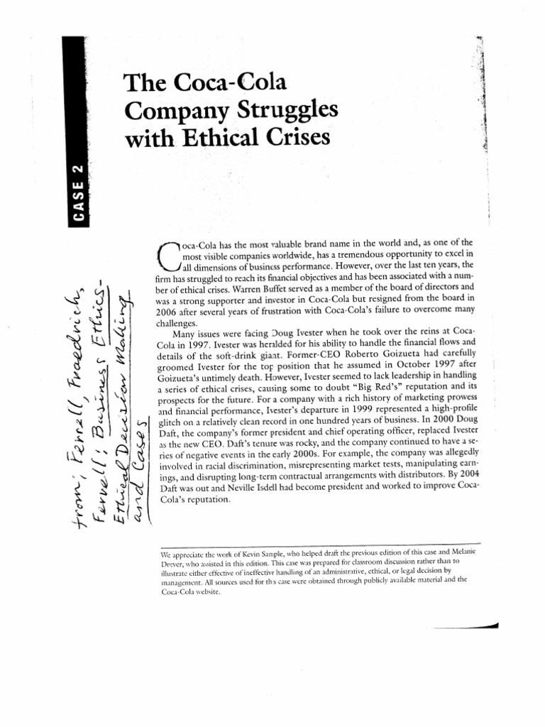 The Coca - Cola Company Struggles With Ethical Crises | PDF