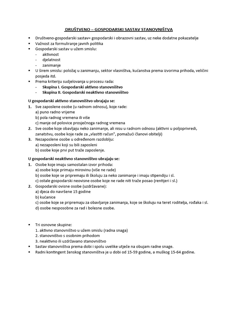 Društveno - Gospodarski Sastav Stanovništva | PDF