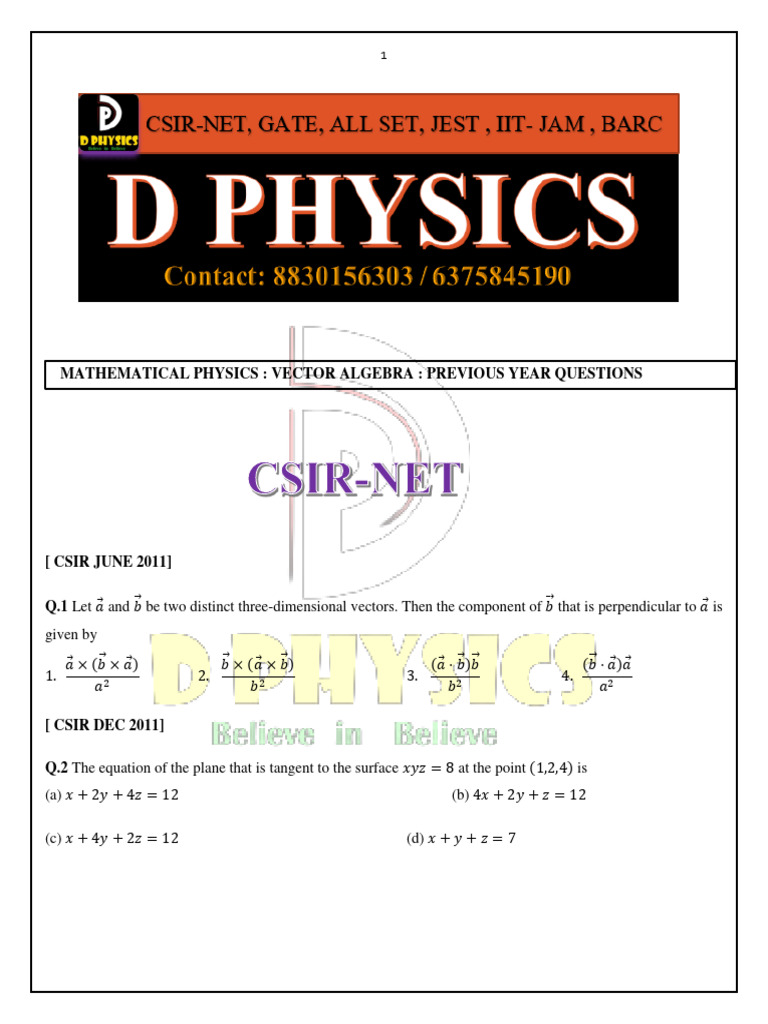 Assignment 1 (Vector Algebra) | PDF | Teaching Methods & Materials