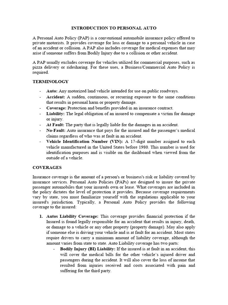 Introduction To Personal Auto | PDF | Vehicle Insurance | Insurance