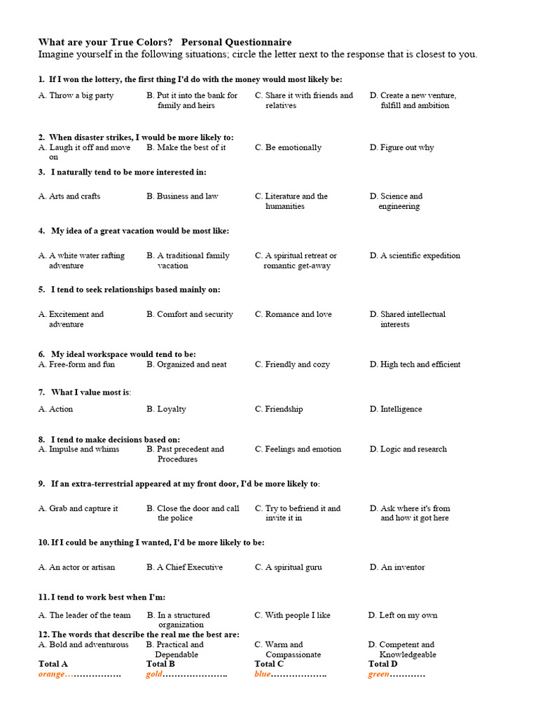 What are your True Colors Personal Questionnaire | PDF
