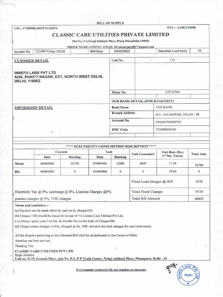 Electricity Bill Unit 110 | PDF