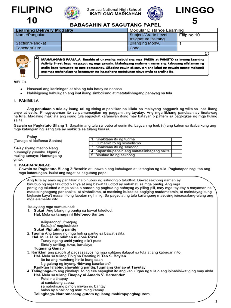 G10 Filipino-Q3 LAS Tula | PDF
