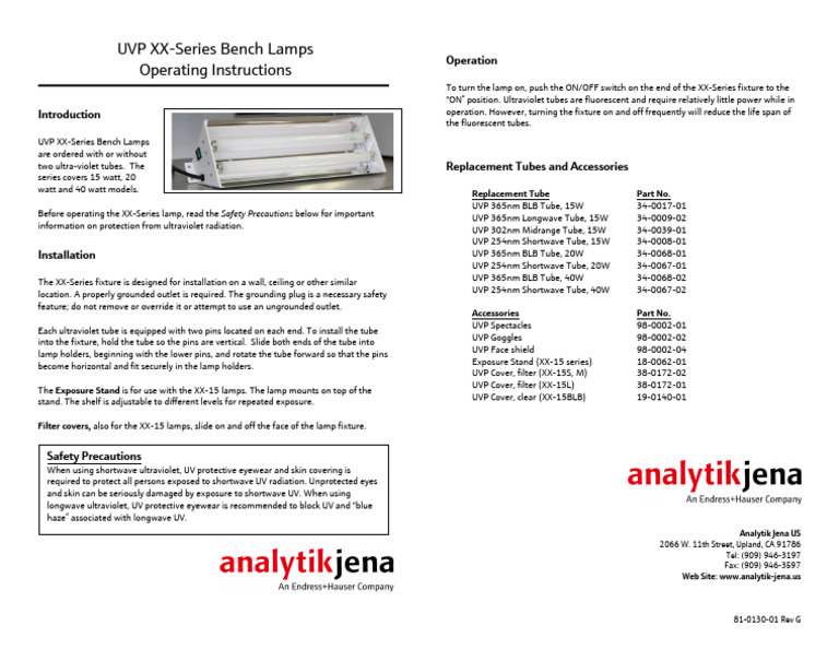 XX-Series Bench Lamps Operating Instructions | PDF | Ultraviolet | Optics