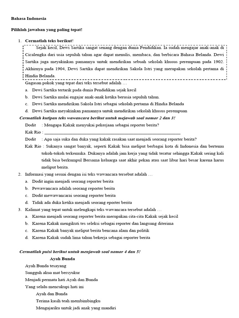 Soal Try Out Bahasa Indonesia Kelas 6 2024 | PDF