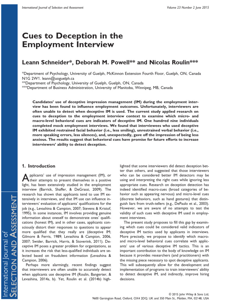 Cues To Deception in The Employment Interview: Leann Schneider, Deborah ...