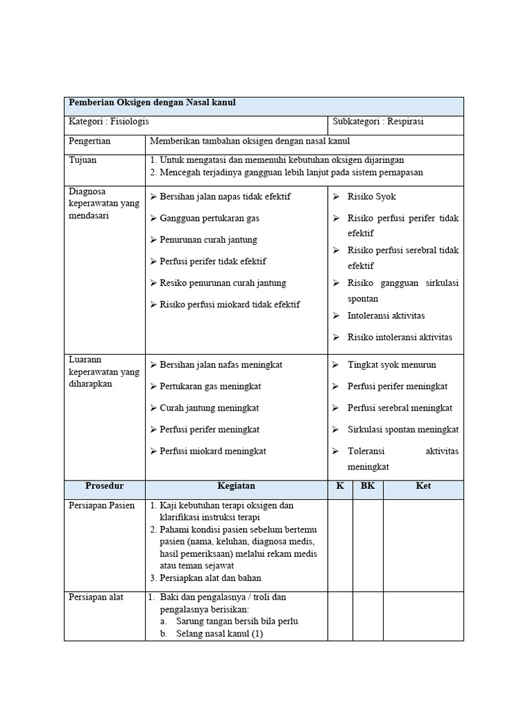 SOP - Pemberian Oksigen Dengan Nasal Kanul | PDF