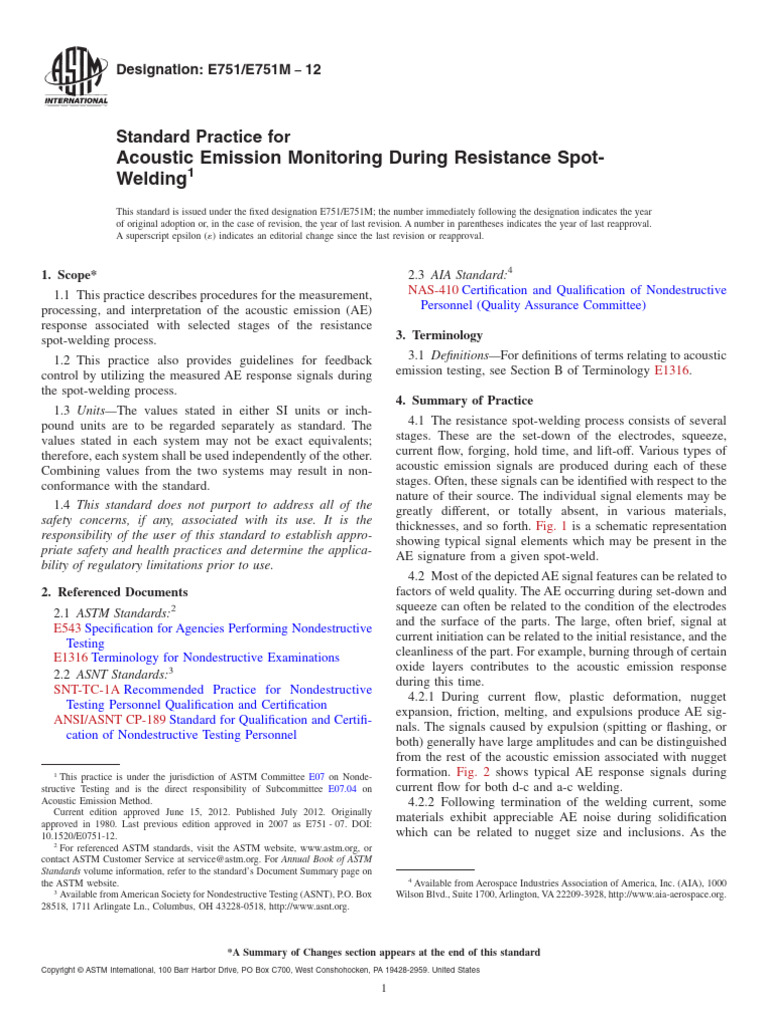 E751E751M-12 Standard Practice For Acoustic Emission Monitoring During ...