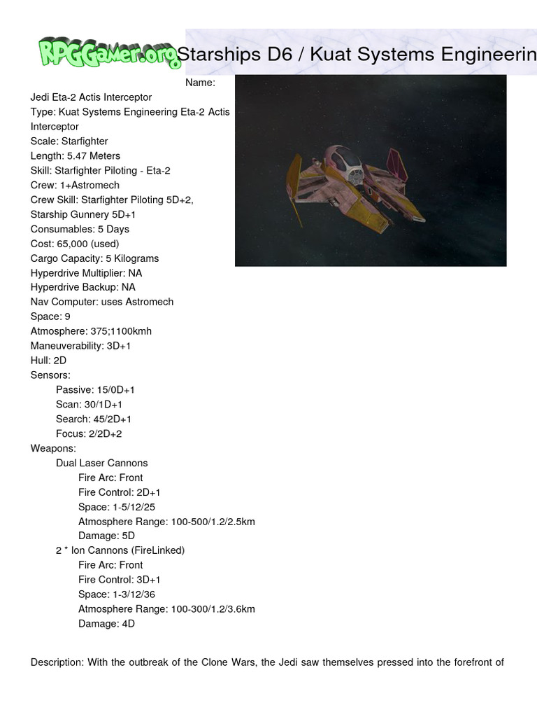 Starships D6 / Kuat Systems Engineering Eta-2 Actis Interceptor | PDF | Jedi | Complaint