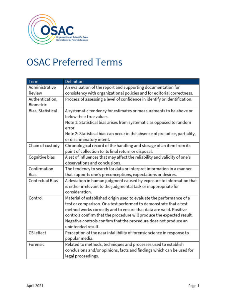 OSAC - Preferred Terms - 2021 | PDF | Statistics | Forensic Science