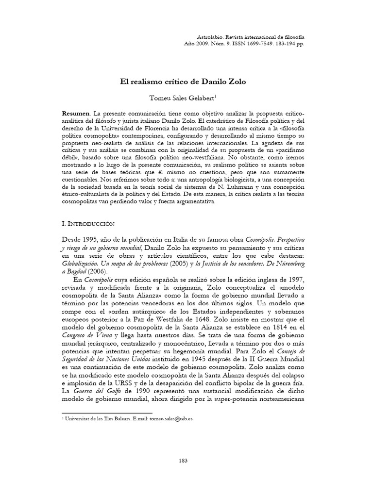 El Realismo Crítico de Danilo Zolo | PDF | Liga de las Naciones | Naciones Unidas