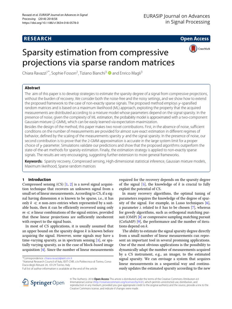 Sparsity Estimation From Compressive Projections Via Sparse Random Matrices | PDF | Normal ...