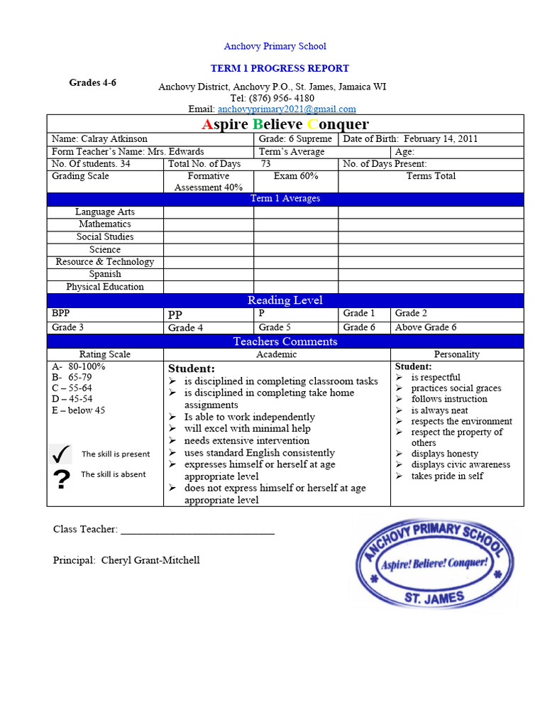 Anchovy Primary School Term 1 Report | PDF | Teachers | Physical Education