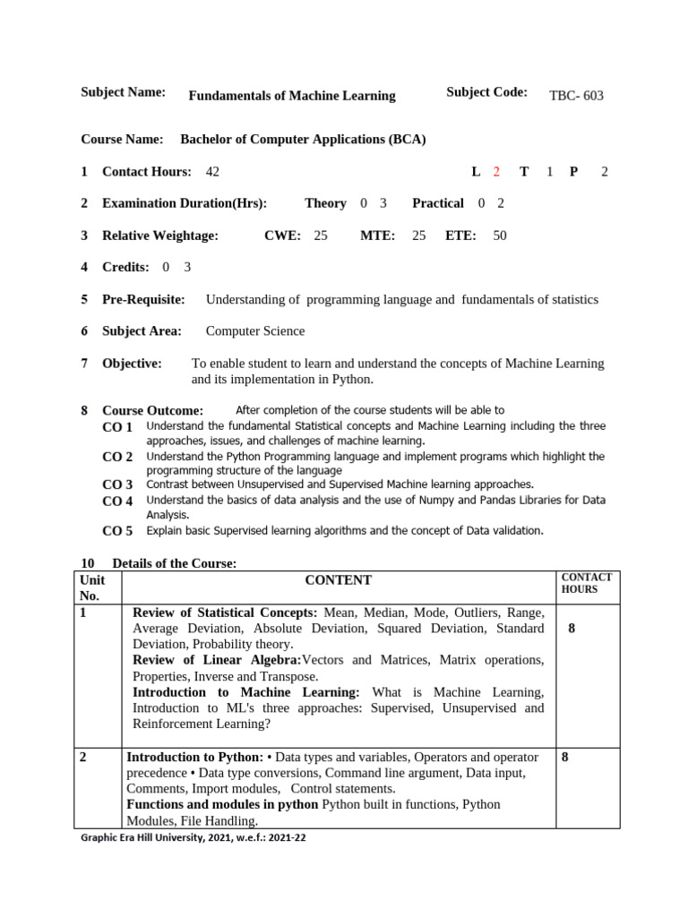 TBC 603 Fundamentals of Machine Learning | PDF | Machine Learning ...