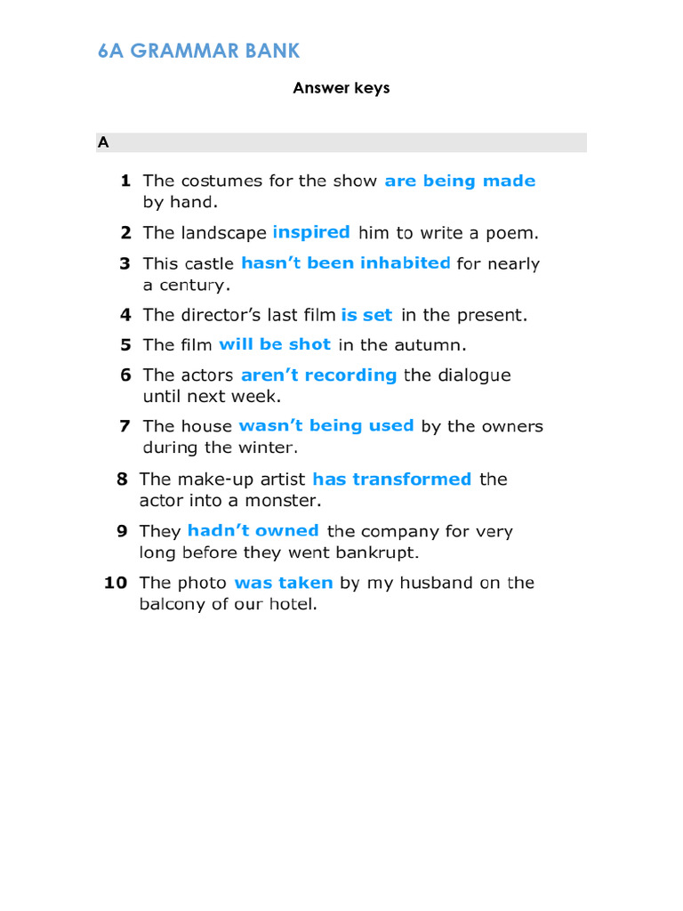 6A Grammar Bank Answer Keys | PDF