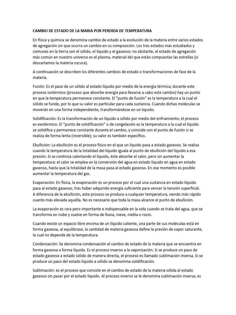 Cambio de Estado de La Maria Por Perdida de Temperatura | PDF ...