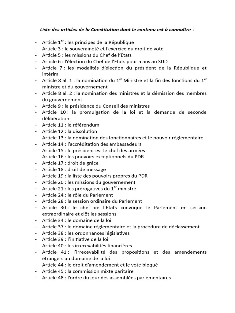Liste Des Articles de La Constitution Dont Le Contenu Est À Connaître | PDF