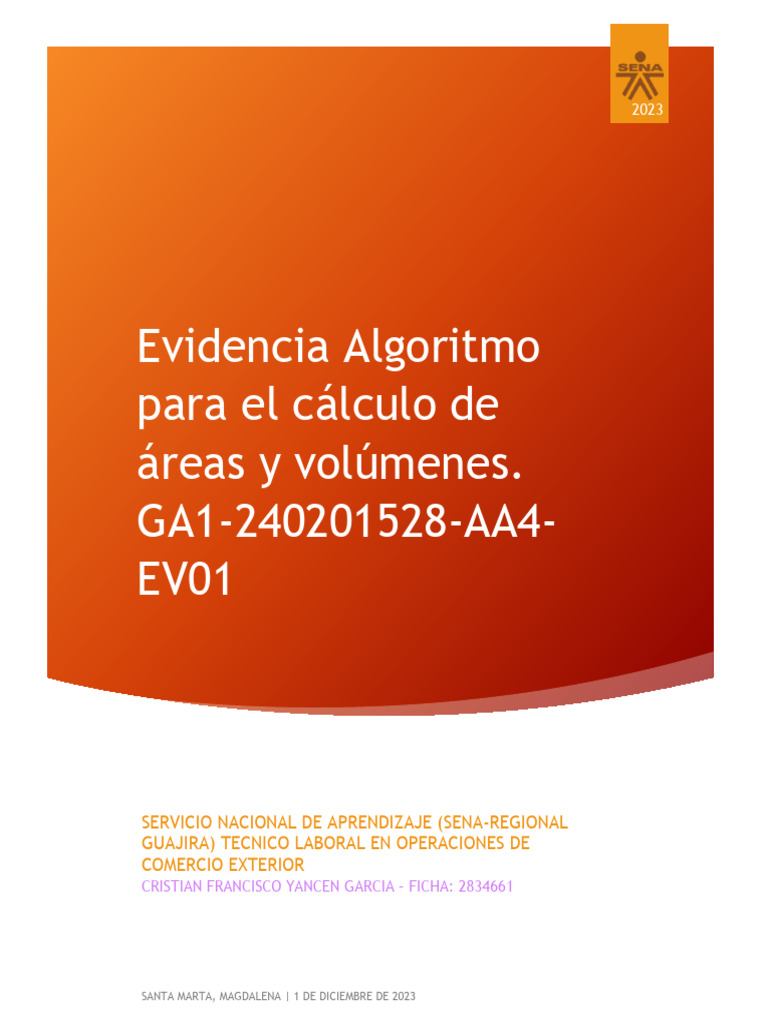 GA1-240201528-AA4-EV01-Evidencia Algoritmo para el cálculo de áreas y volúmenes | PDF | Volumen ...