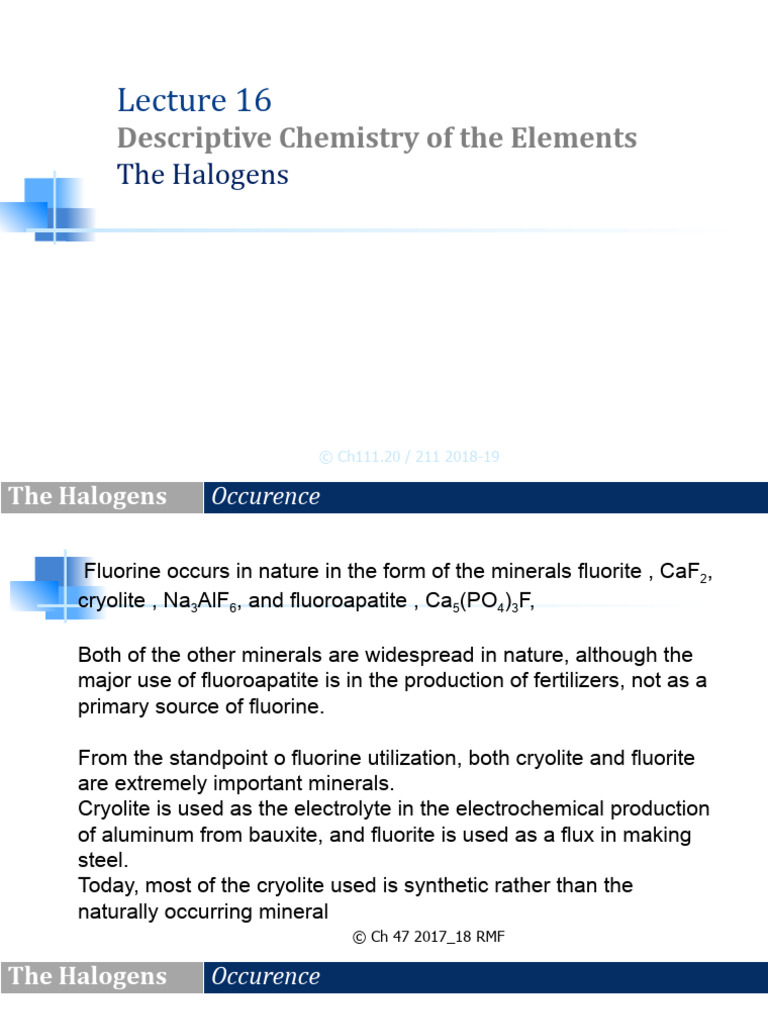 Lecture 15 The Halogens | PDF | Chlorine | Fluorine