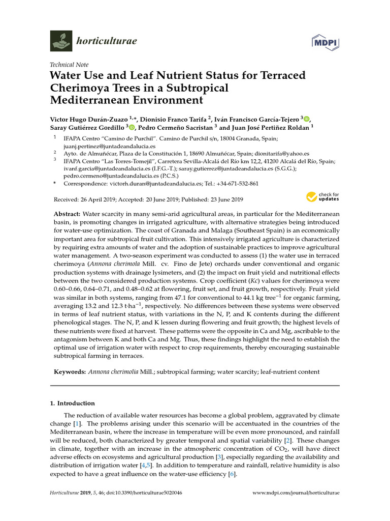 Water Use and Leaf Nutrient Status For Terraced Cherimoya Trees in A ... Water Use and Leaf Nutrient Status For Terraced Cherimoya Trees in A ...