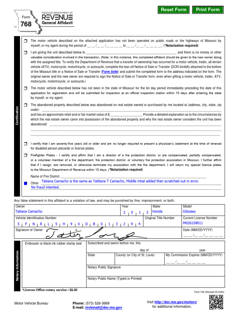 Missouri Motor Vehicle Affidavit Form 768 | PDF | Common Law | Civil ...