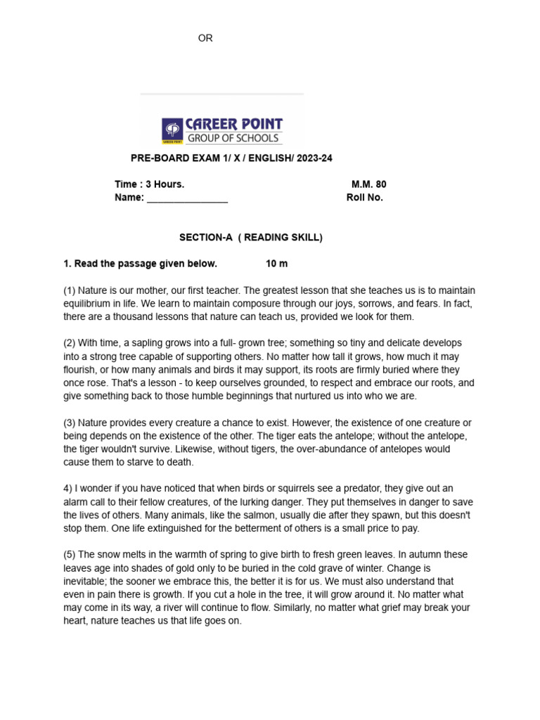 Pre-Board - X - English 23-24 | PDF