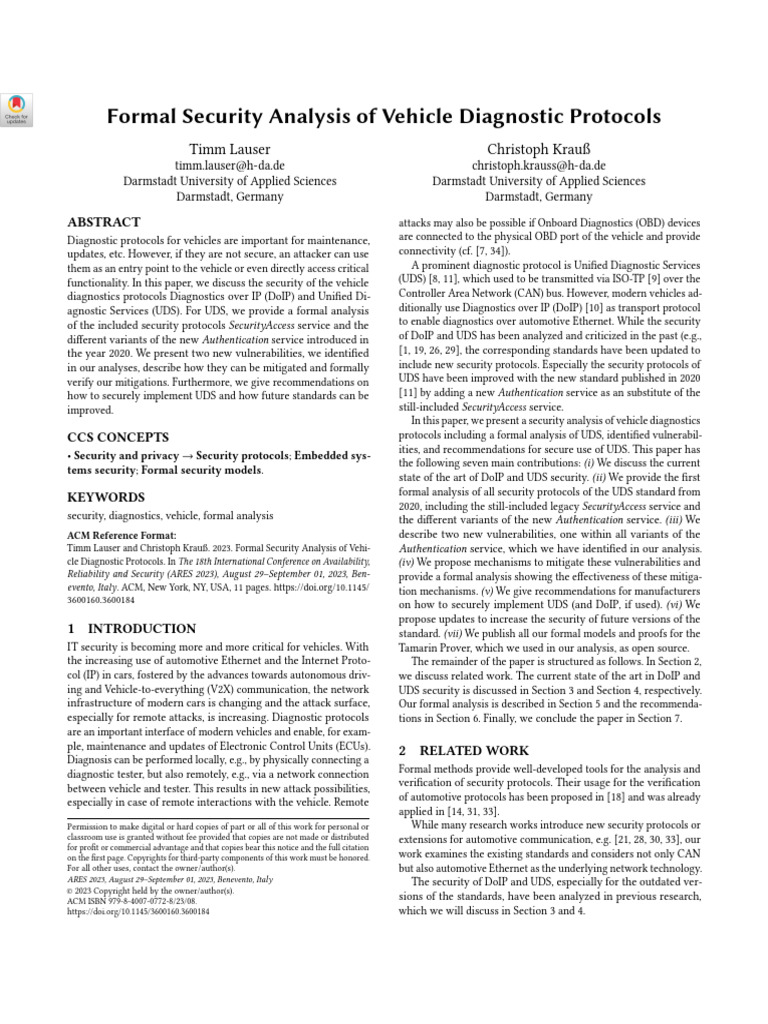 Formal Security Analysis of Vehicle Diagnostic Protocols: Timm Lauser Christoph Krauß | PDF ...