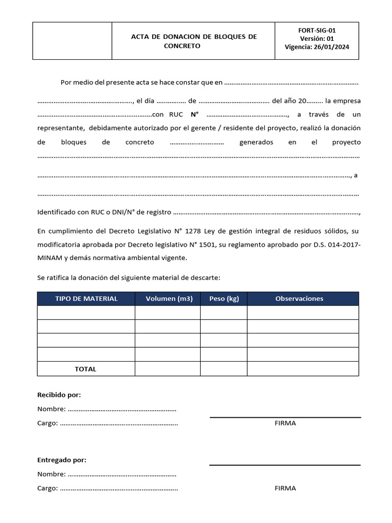 Acta de Donacion de Material de Descarte Scrib | PDF