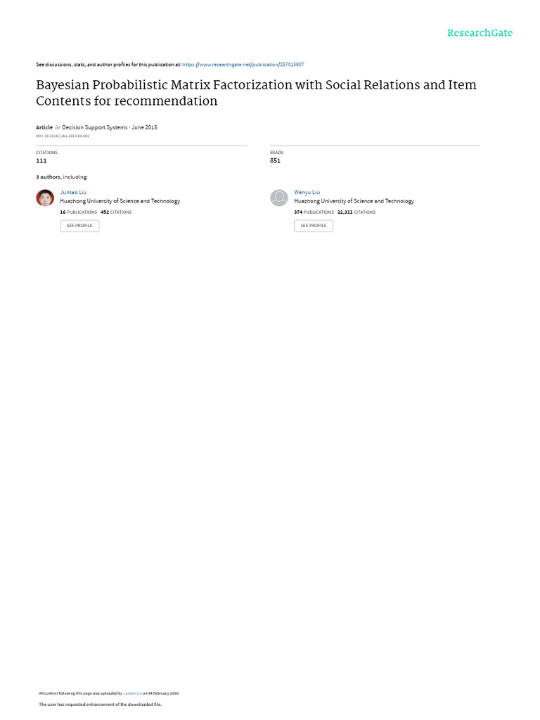 Bayesian Probabilistic Matrix Factorization With Social Relations and Item Contents | PDF ...