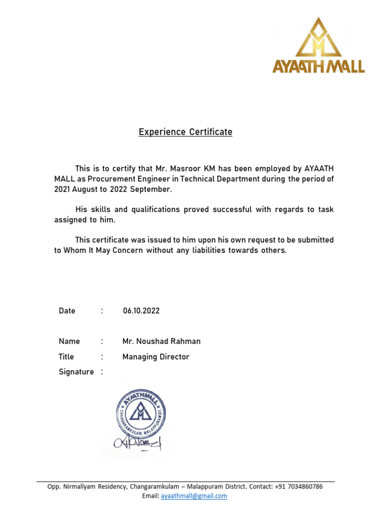 Masroor Experience Certificate - AYAATH BPCL | PDF