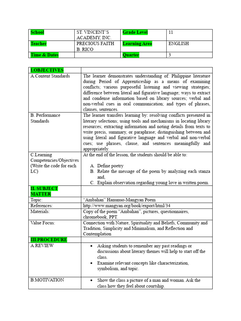 Ambahan Lesson Plan 1 | PDF | Poetry | Learning