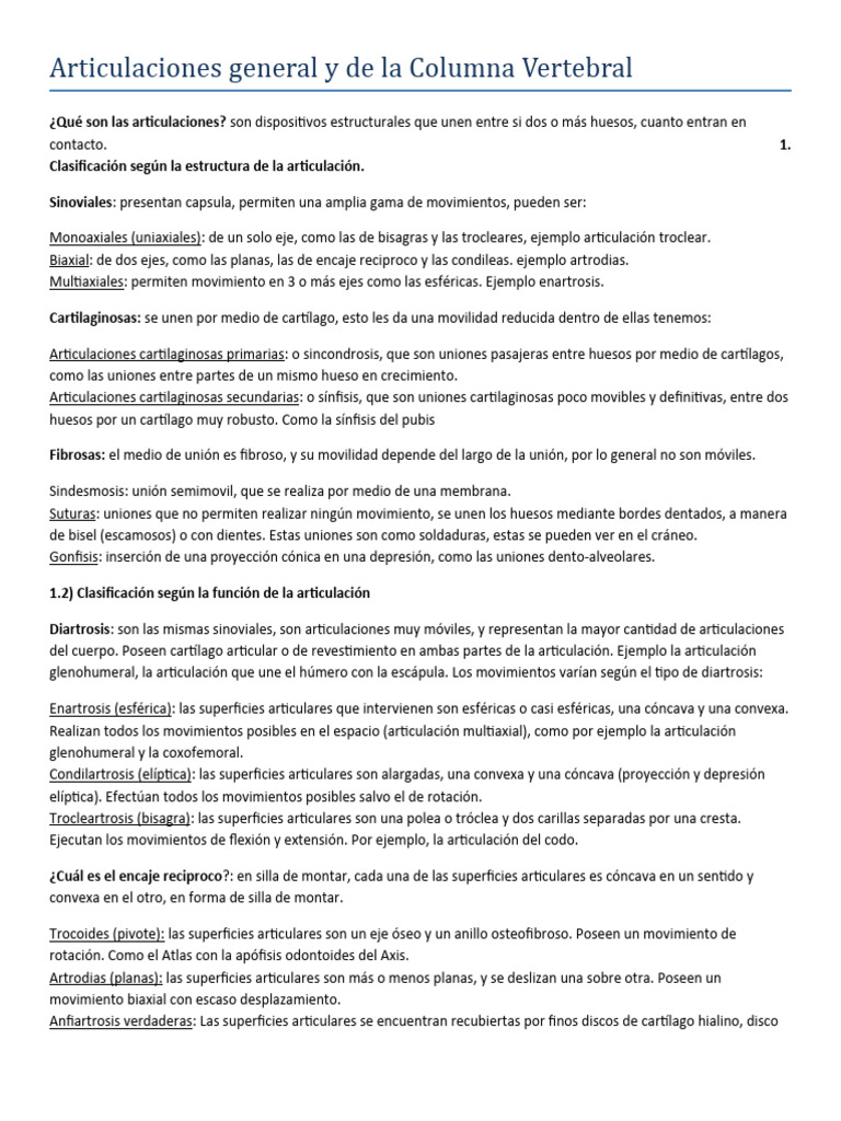 Articulaciones General y Columna Vertebral | PDF | Articulación | La columna vertebral