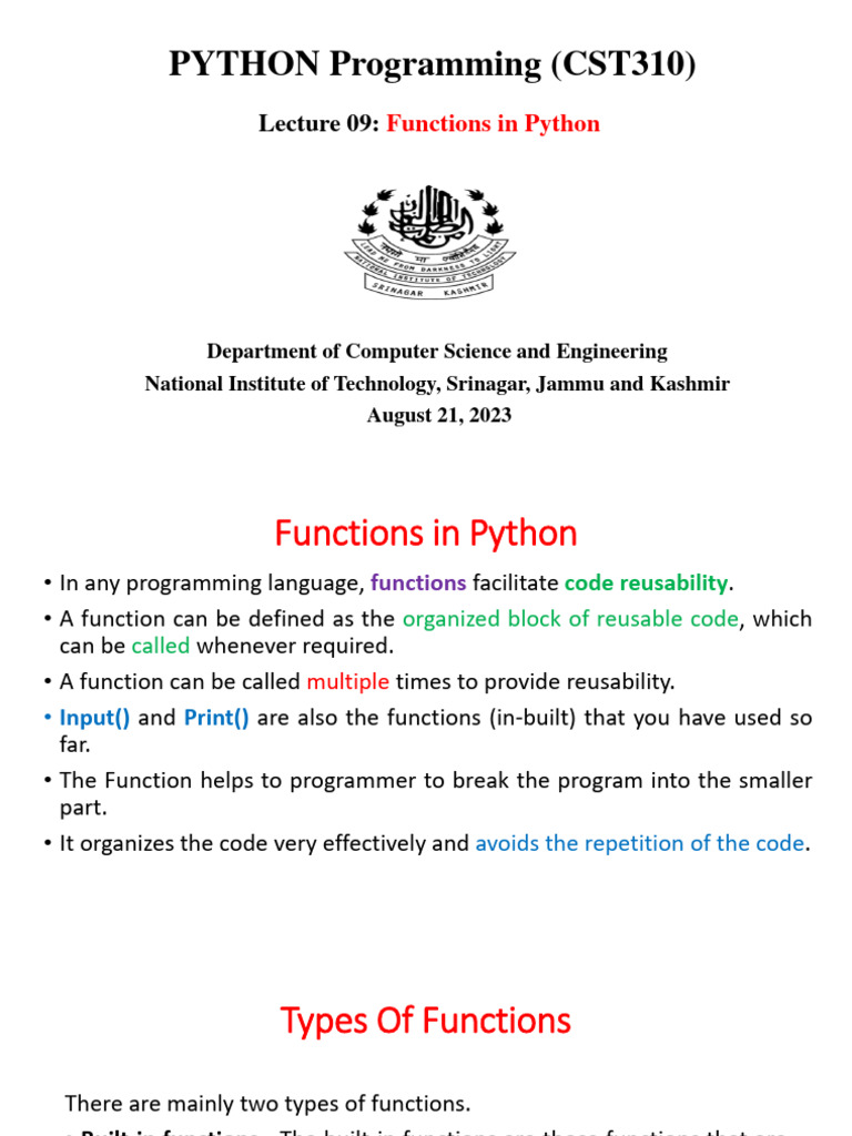 09 Lecture Functions in Python | PDF