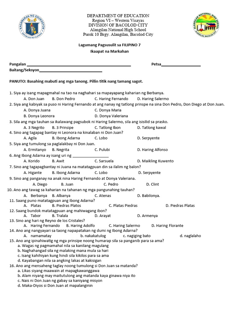 PAGSUSULIT SA FILIPINO 7 (4Th QTR) | PDF