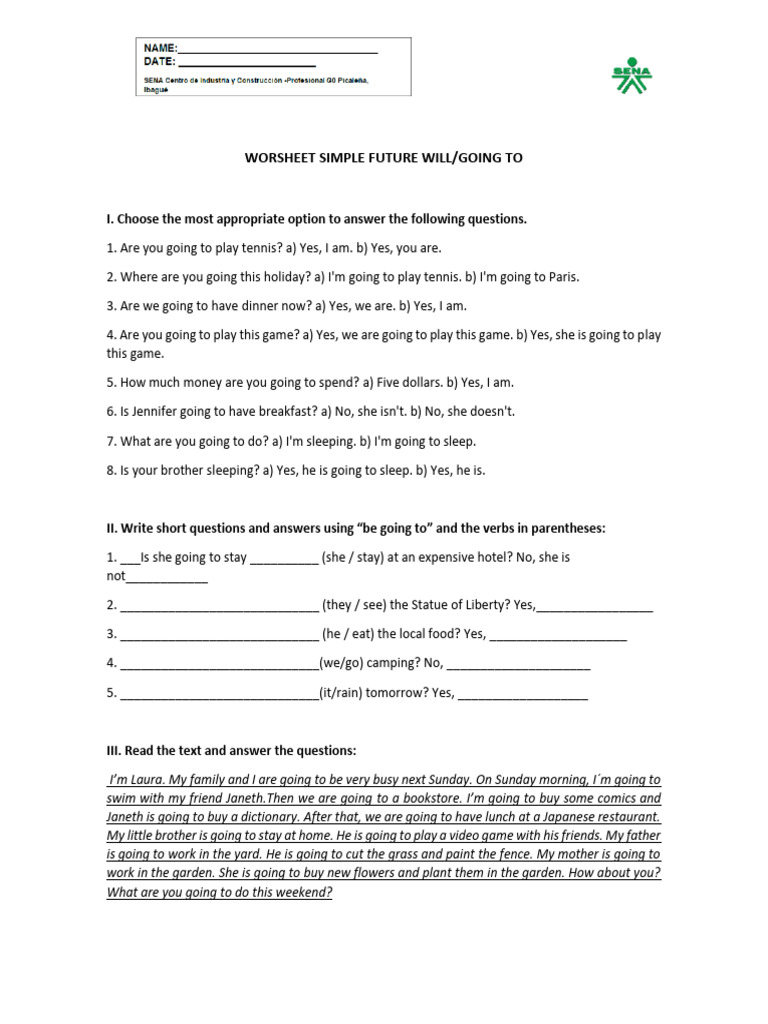 Worsheet Simple Future Will and Going To | PDF | Language Families ...