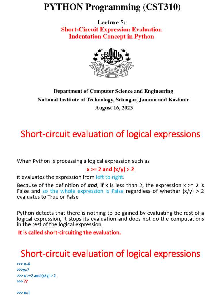 05 Lecture Indentation and Short Circuit Evaluation of Expressions ...