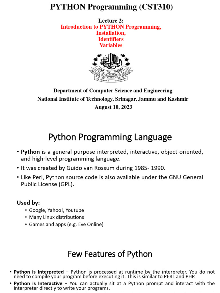 02 Python Intro Installation Identifiers Variables SS | PDF