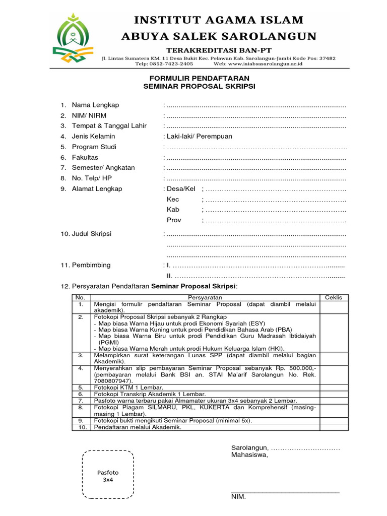 Formulir Pendaftaran Seminar Skripsi | PDF