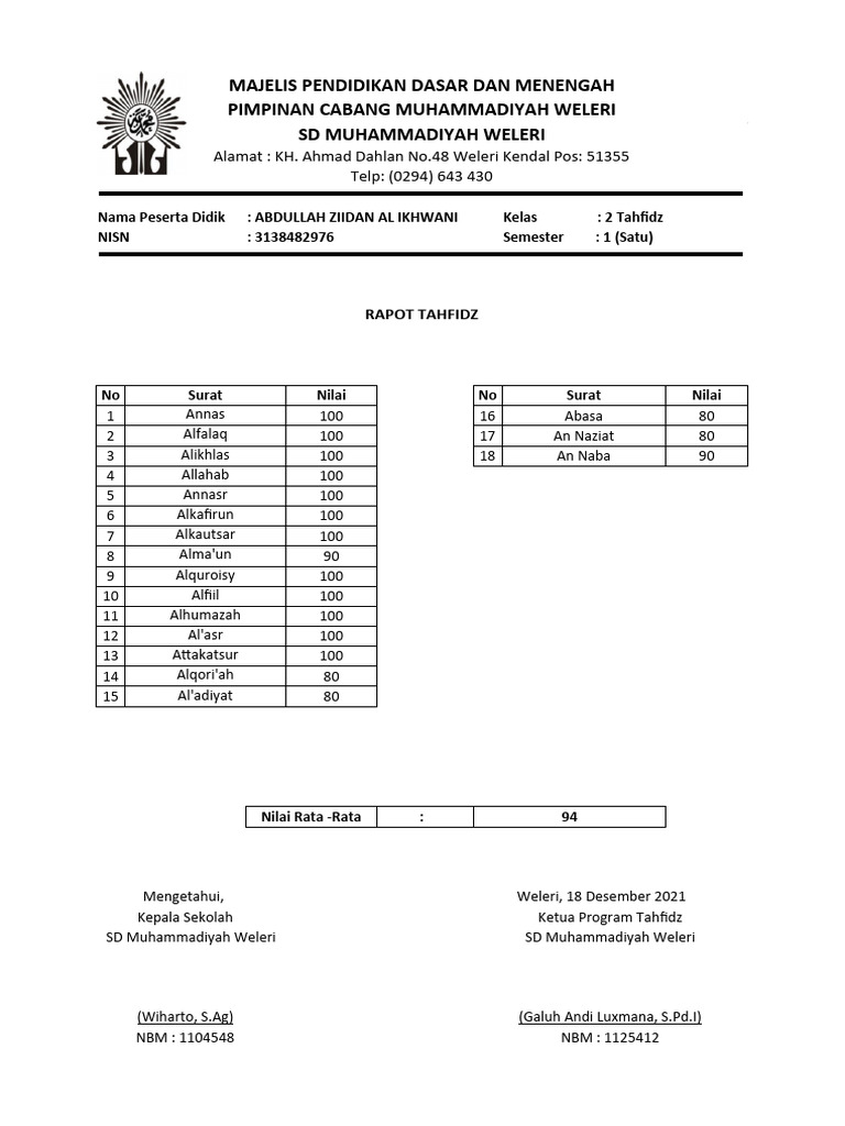 Format Rapot Tahfidz SMT 1 | PDF