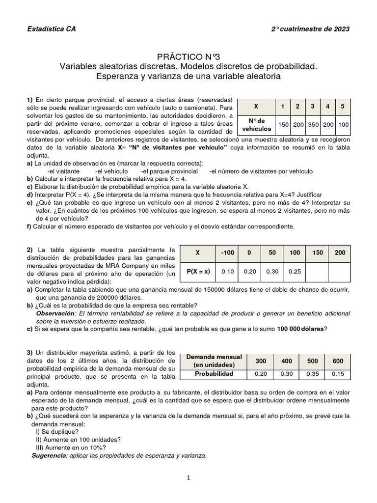 Práctico N°3 Variables Aleatorias Discretas. Modelos Discretos de Probabilidad. Esperanza y ...