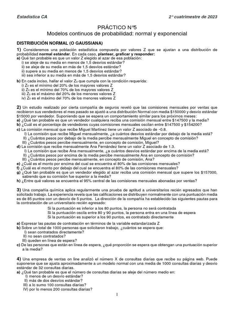 Práctico N°5 Modelos Continuos de Probabilidad: Normal y Exponencial | PDF