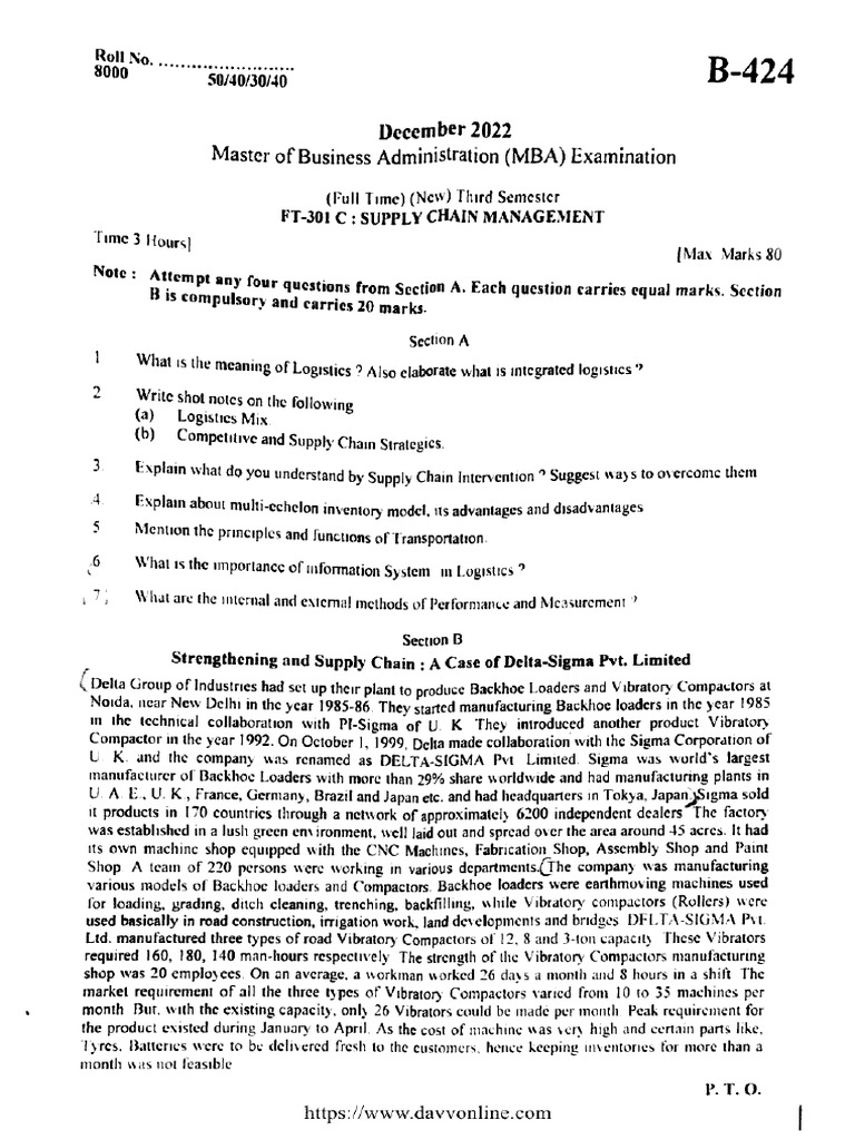 Mba 3 Sem Supply Chain Management b 424 Dec 2022 | PDF