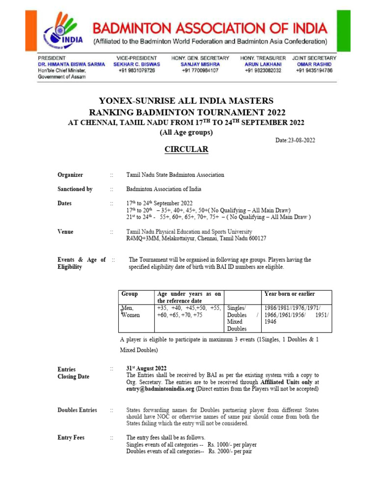 BAI Circular - All India Masters Ranking at Chennai | PDF | Tamil Nadu ...