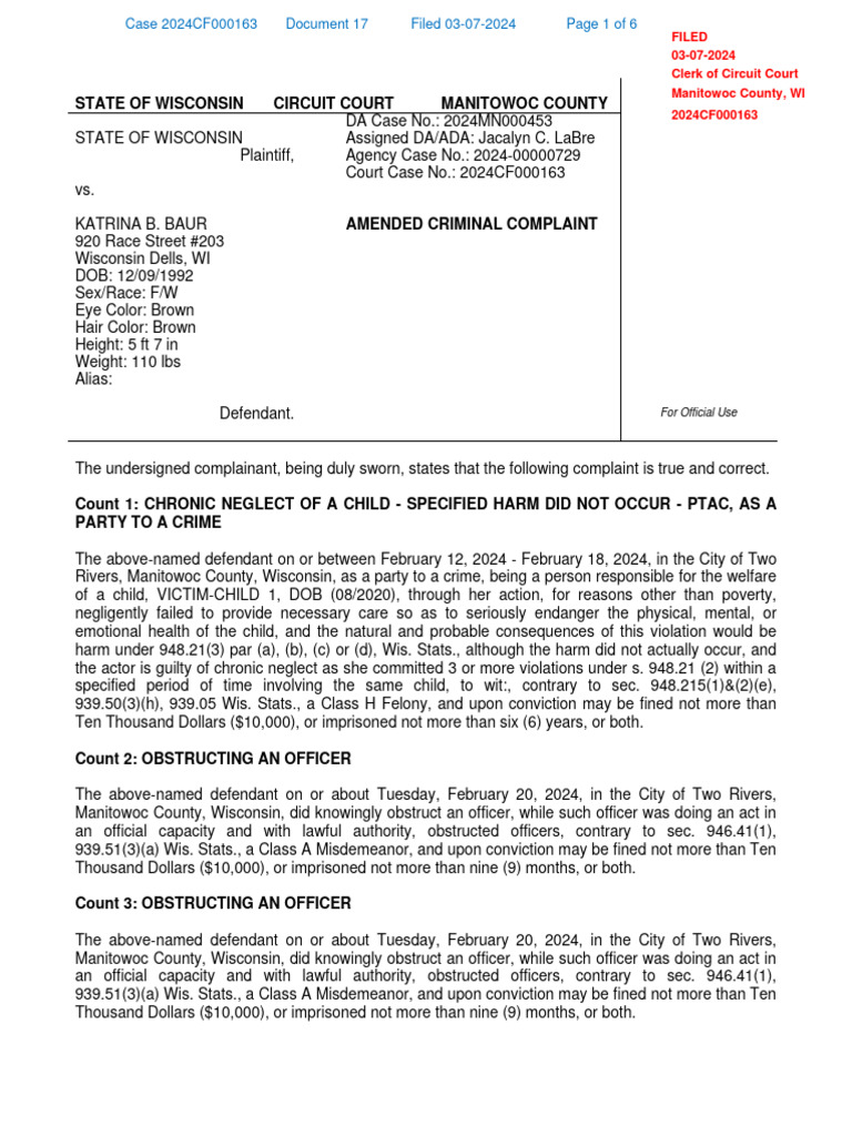 Katrina Baur Amended Complaint | Download Free PDF | Wisconsin Circuit ...