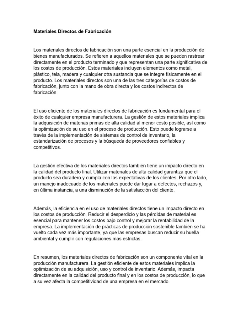 Materiales Directos de Fabricación | PDF | Business | Calidad (comercial)
