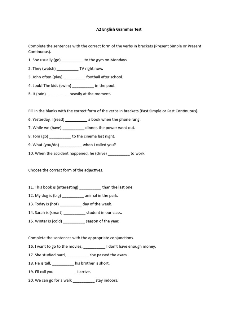 A2 English Grammar Test | PDF