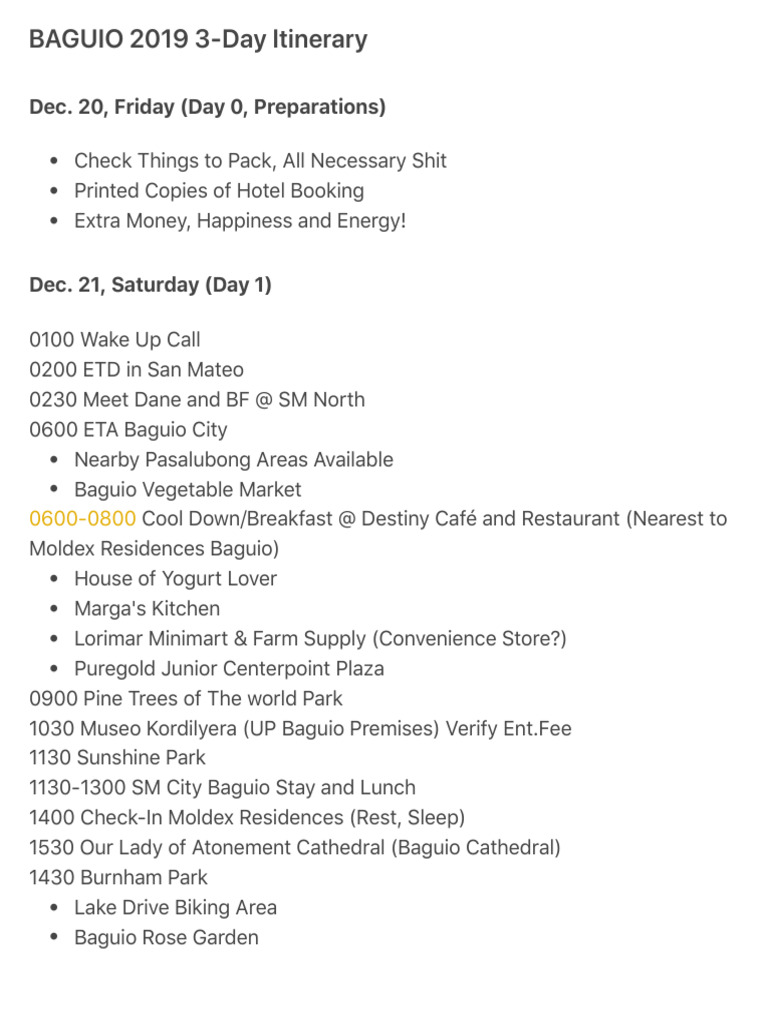 BAGUIO 2019 3-Day Itinerary | PDF