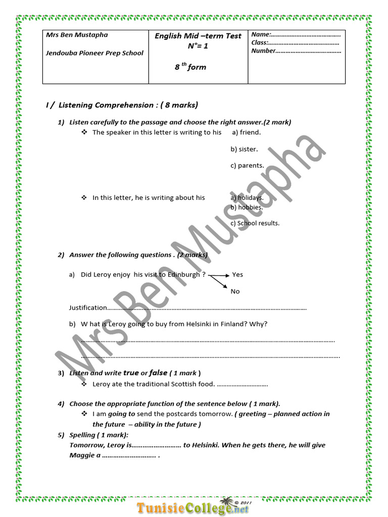 Devoir de Contrôle N°1 Collège Pilote - Anglais - 8ème (2011-2012) Mme ...