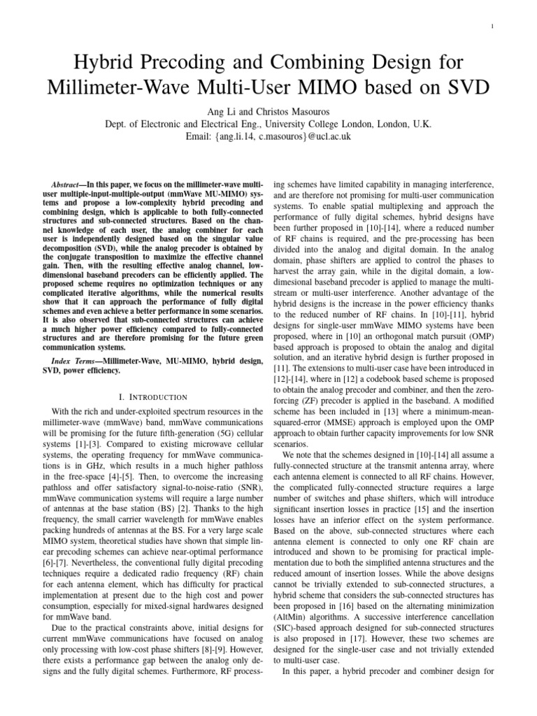 Hybrid Precoding for mmWave MU-MIMO | PDF | Mimo | Matrix (Mathematics)
