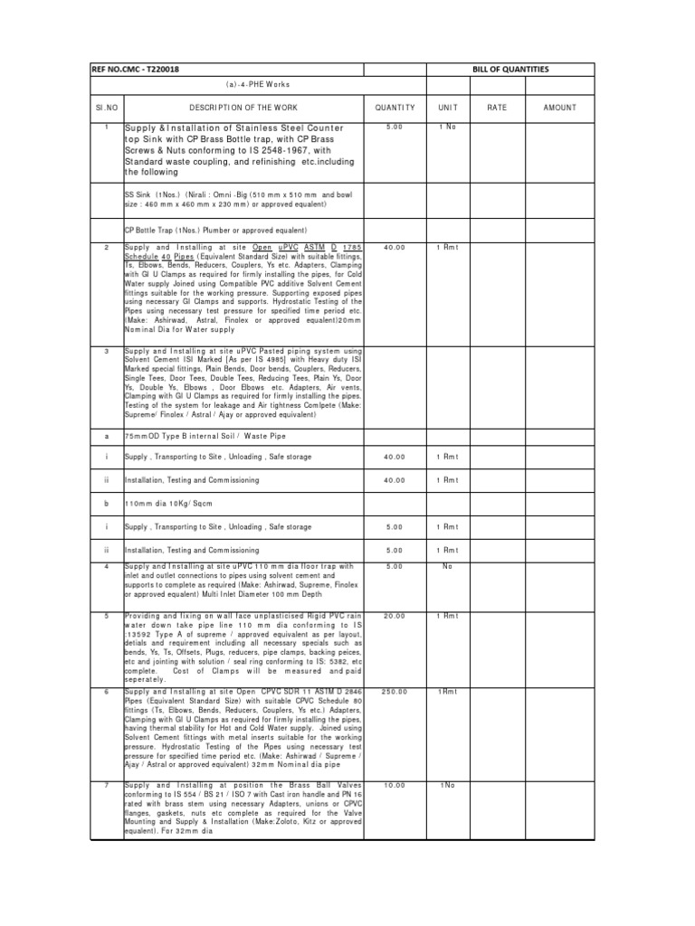 Internal PHE Works - BOQ | PDF | Pipe (Fluid Conveyance) | Home Appliance